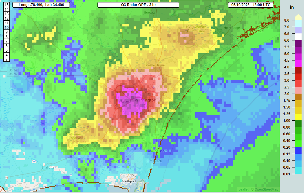 Flash flooding across New Hanover & Brunswick Counties, particularly Leland, on May 19, 2023